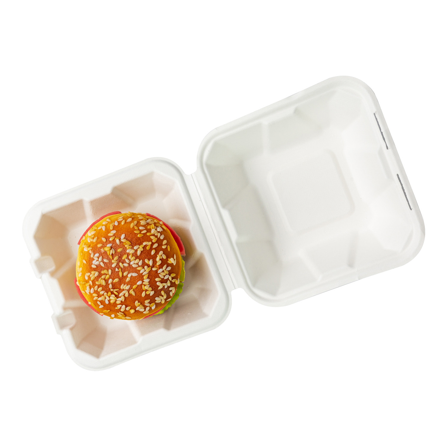 6x6 inch Biodegradable Clamshell Boxes , Bagasse Hamburger Box